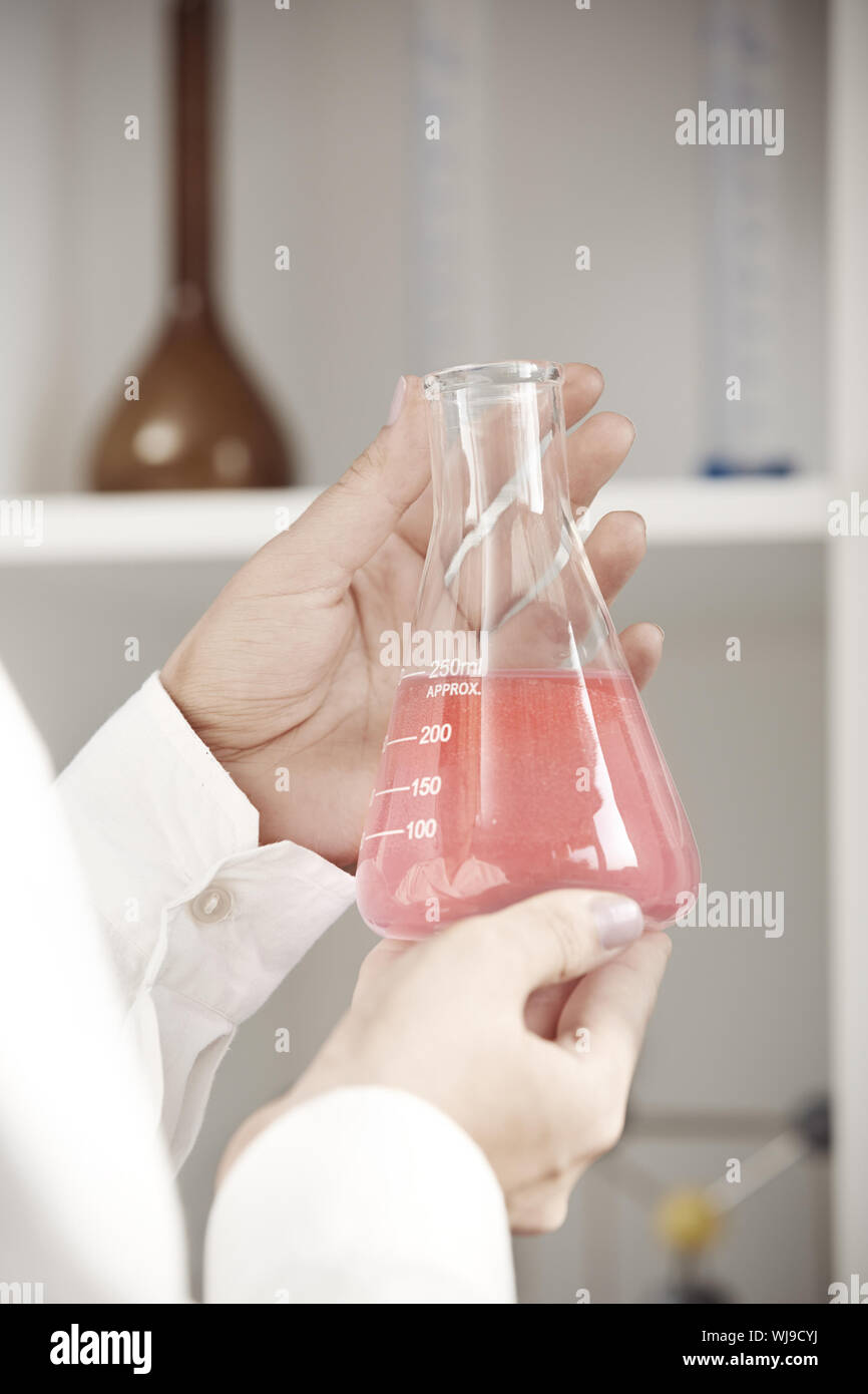 Hands of laboratory technician holding flask with red liquid Stock ...