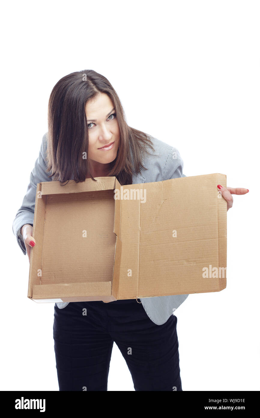 Displeased businesswoman with empty box as a symbol of crisis Stock ...