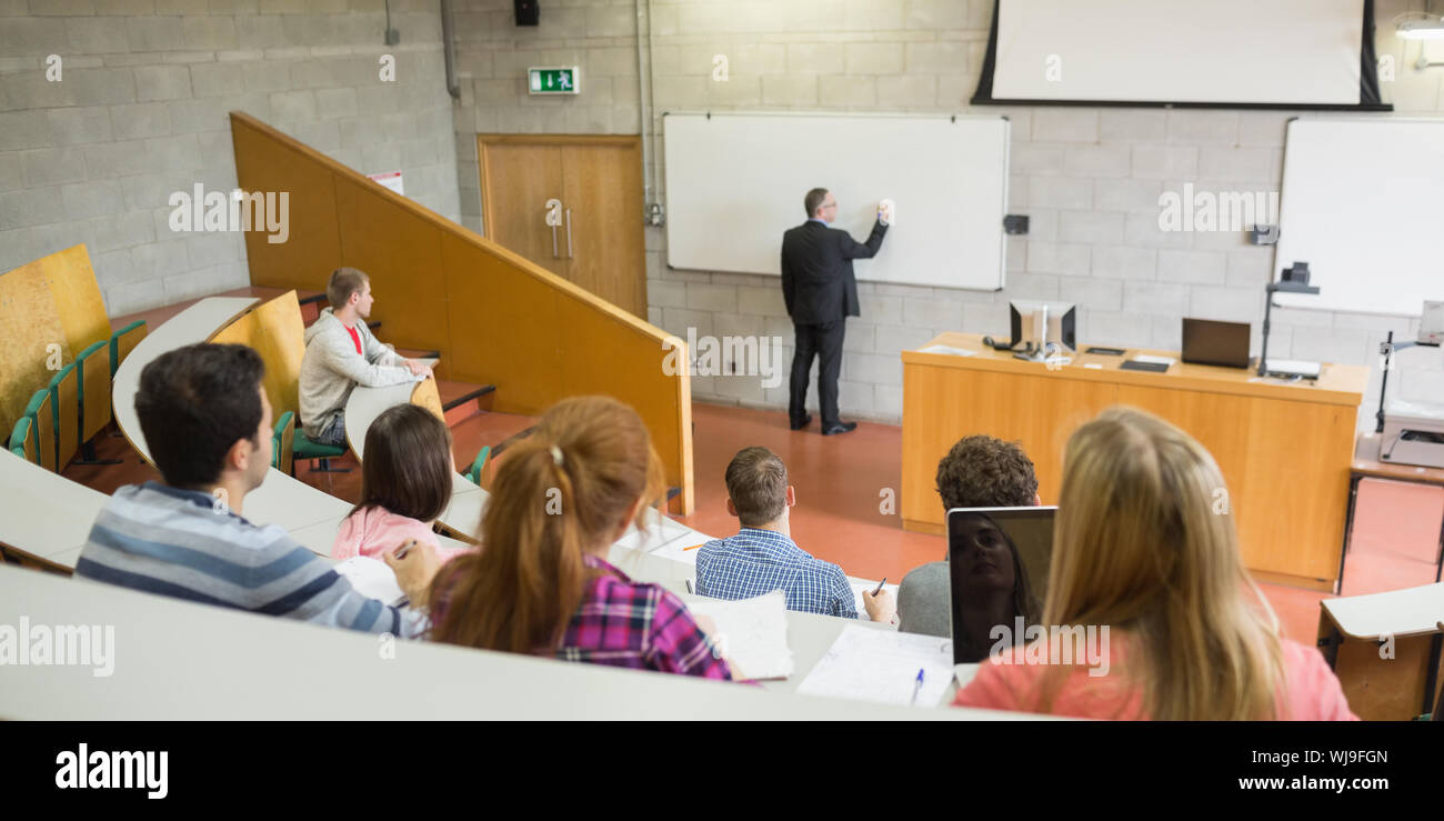 Rear view of a male teacher with students at the college lecture hall ...