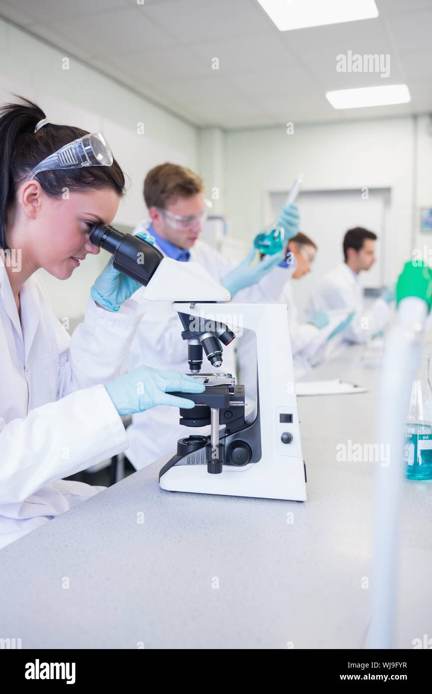 Side view of busy group of researchers working on experiments in the ...