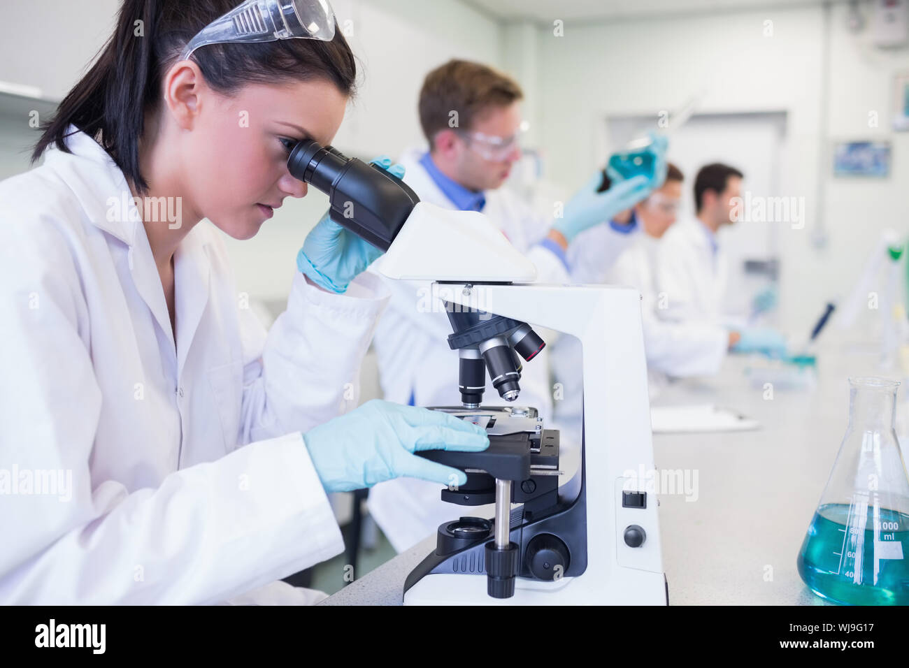 Side view of busy group of researchers working on experiments in the ...