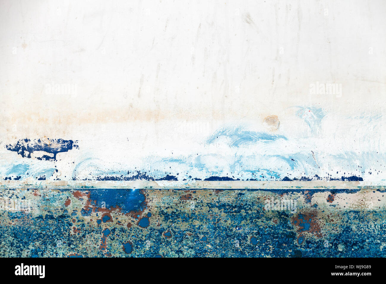 Background texture of white grungy boat hull with blue waterline Stock ...