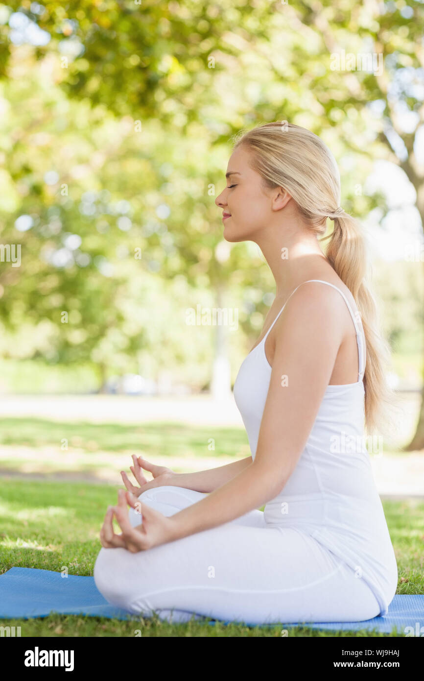 Side view of young woman meditating sitting on an exercise mat in a ...