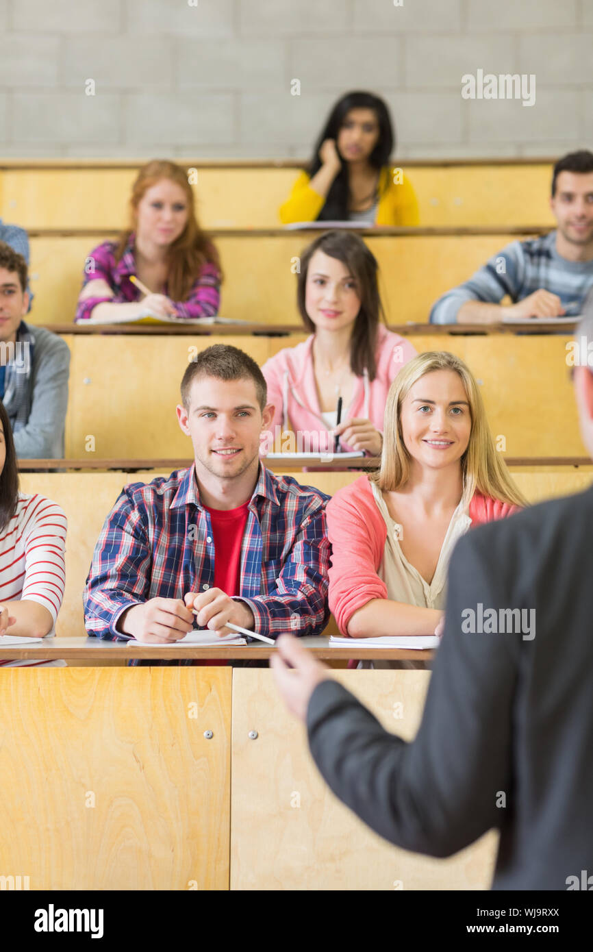 Rear view of an elegant teacher with students sitting at the college ...