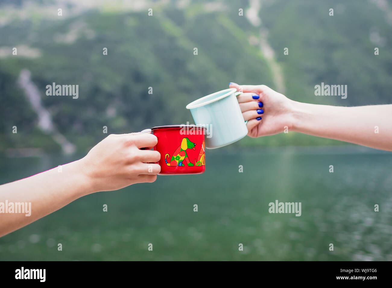Female hands toasting with cups across. Mint and red cups on nature ...