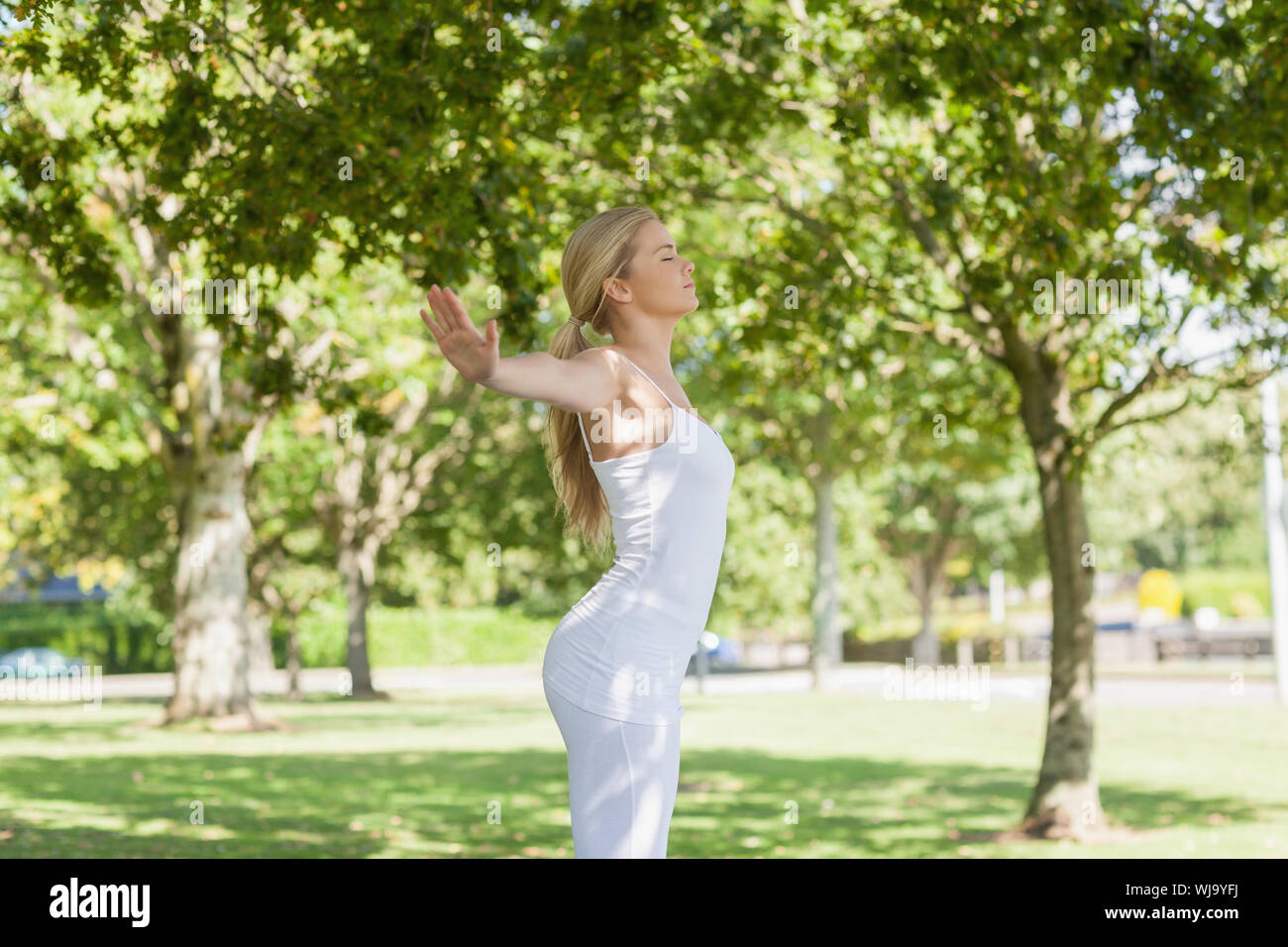 Profile view of lovely fit woman doing spreading her arms in a park ...