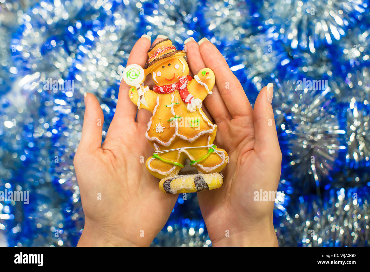 Colorful gingerbread man in female hands Stock Photo - Alamy