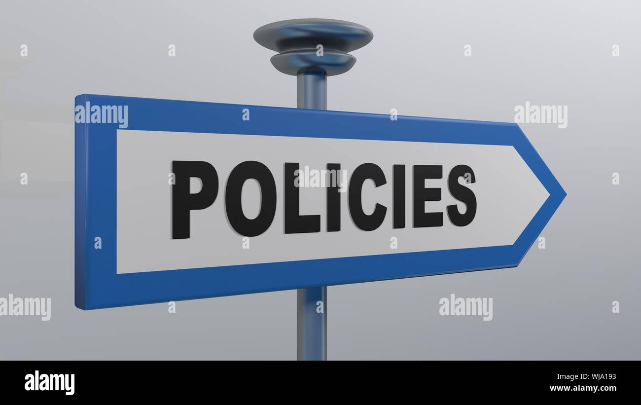 POLICIES blue street arrow sign - 3D rendering illustration Stock Photo ...