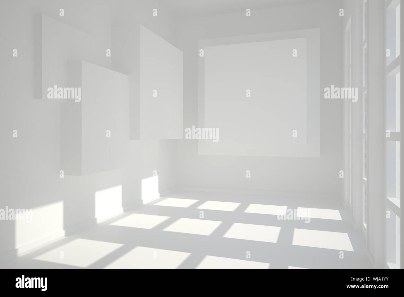 White room with squares at wall and bright windows Stock Photo - Alamy