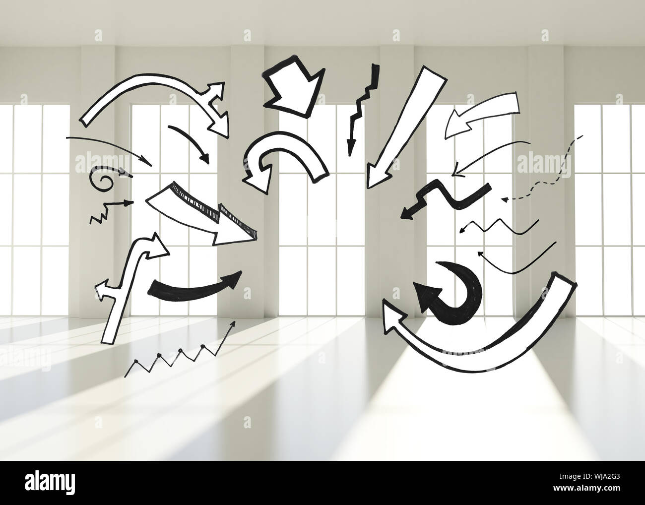 Black white arrows in room with windows Stock Photo - Alamy