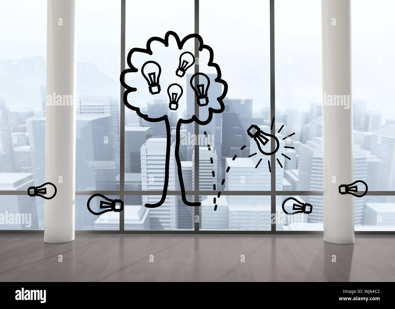 Light bulb tree in room with big windows Stock Photo - Alamy