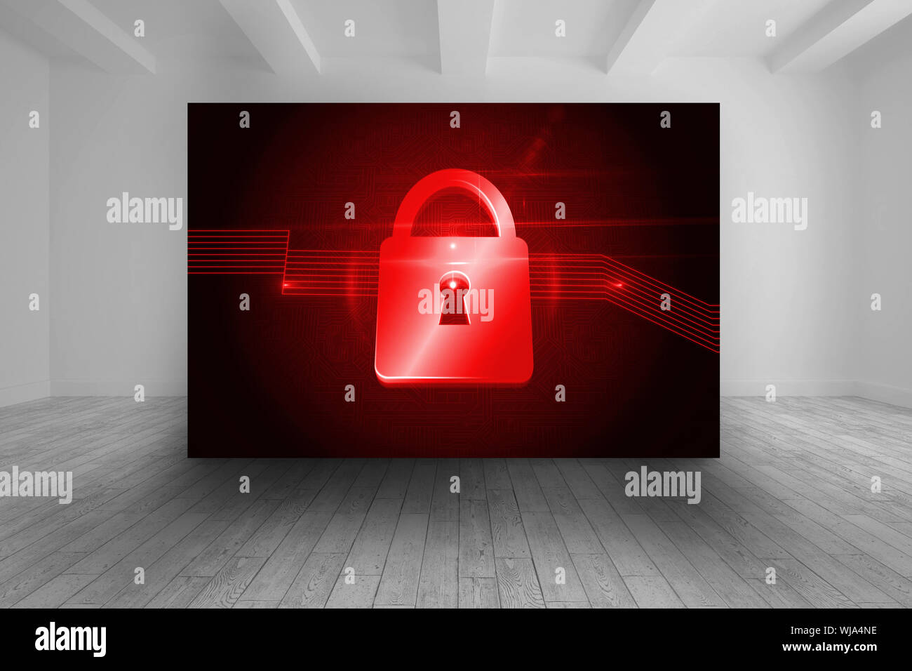 Room with futuristic picture of red lock Stock Photo - Alamy