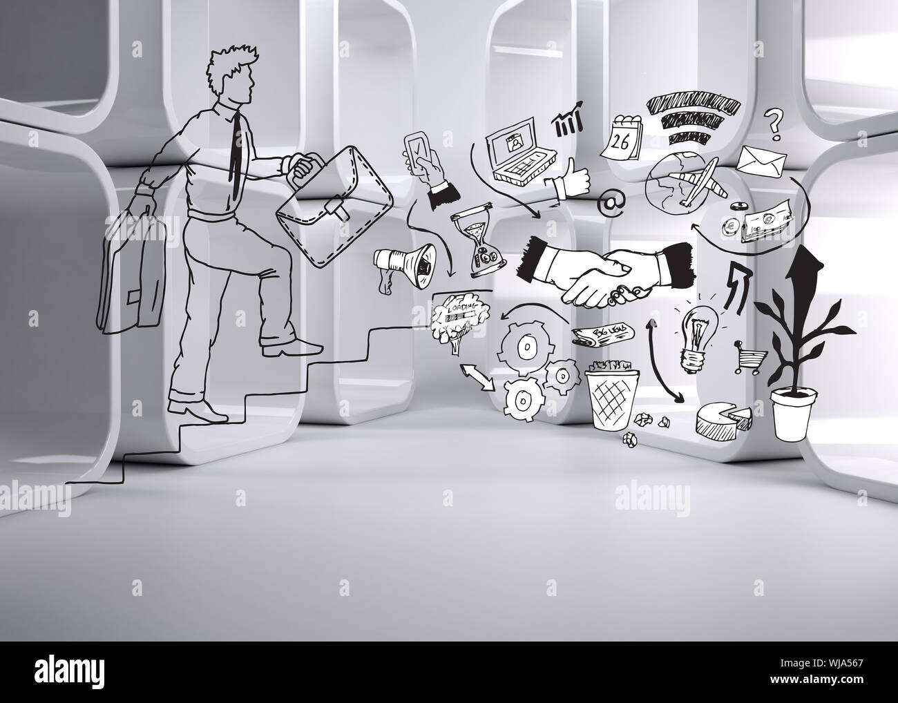 Drawn man and graphic on abstract background Stock Photo - Alamy