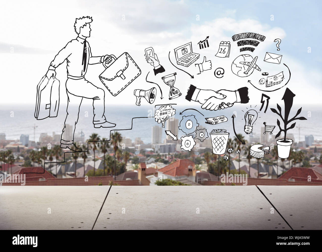 Drawn man and graphic on cityscape background Stock Photo - Alamy
