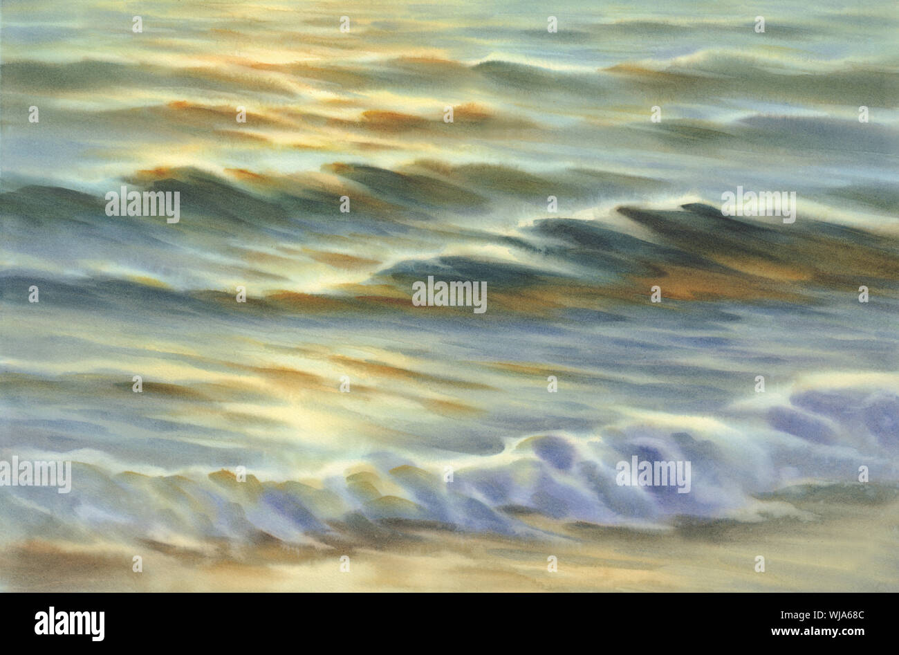 Evening colors by the sea watercolor background. Water reflections ...