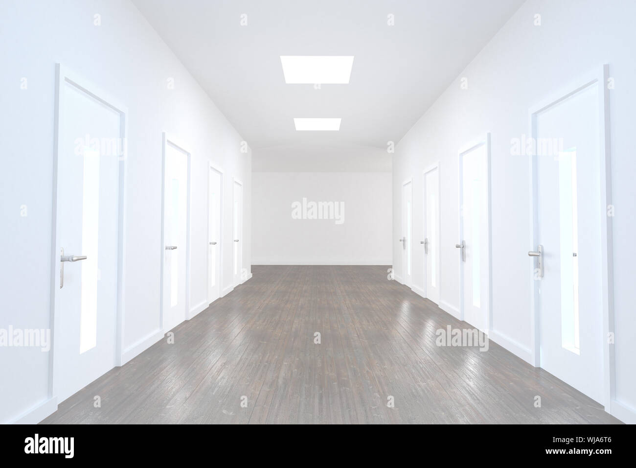 Bright hallway with several doors and wooden floor Stock Photo - Alamy