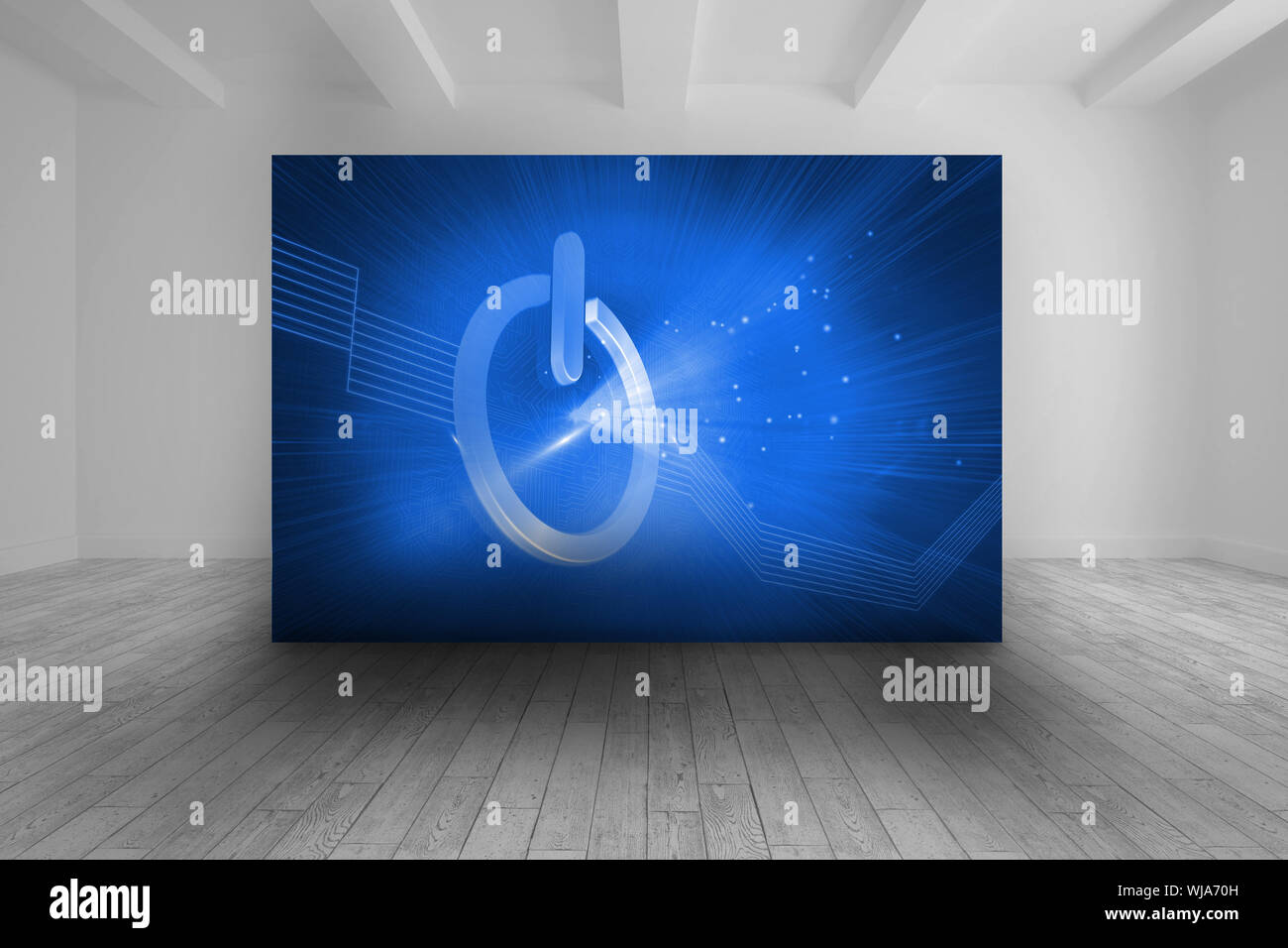 White room with blue picture of turn off button Stock Photo - Alamy