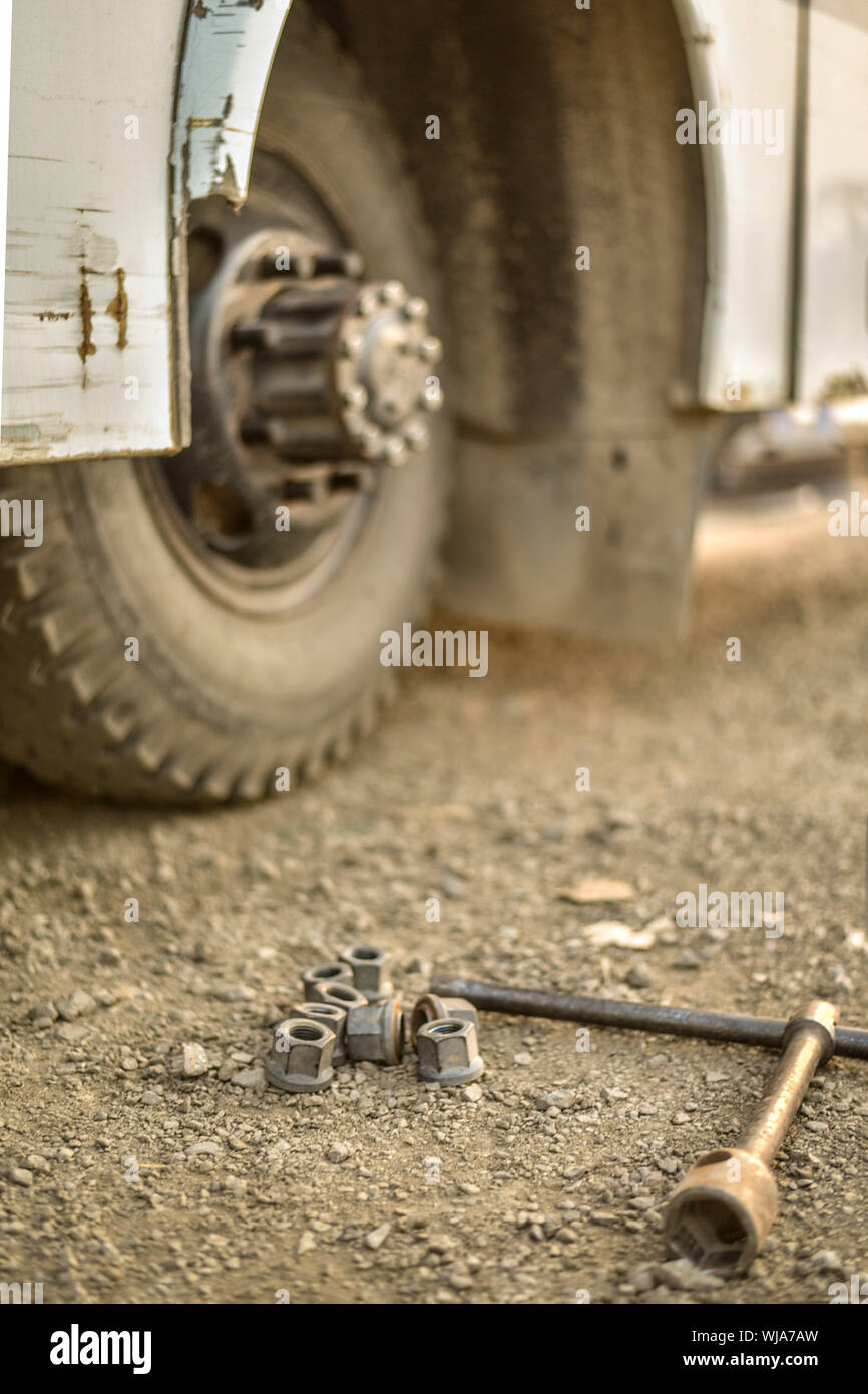 Repairing the old bus wheel Stock Photo - Alamy