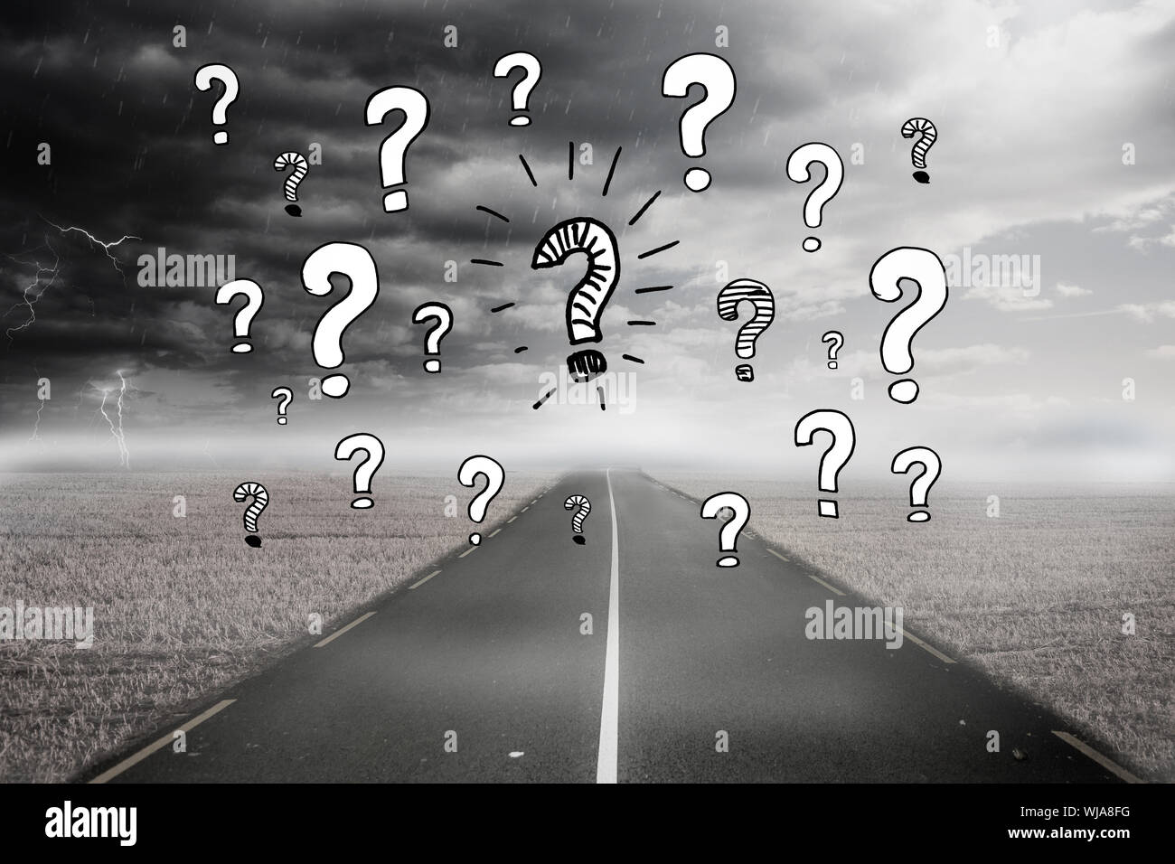Question mark over stormy landscape background Stock Photo - Alamy