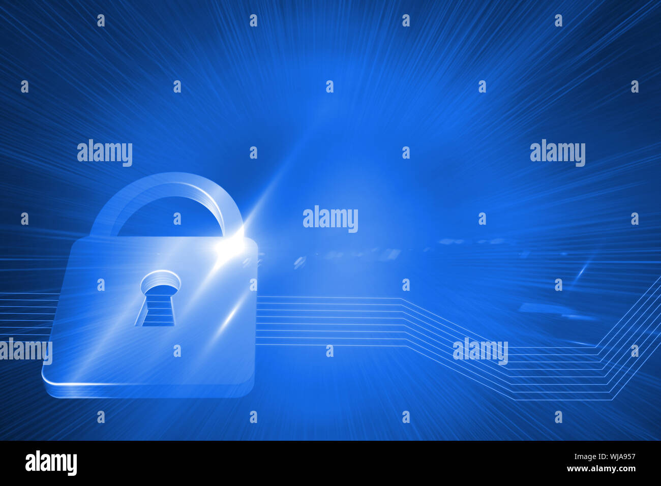 Glowing lock in left corner on blue background Stock Photo - Alamy