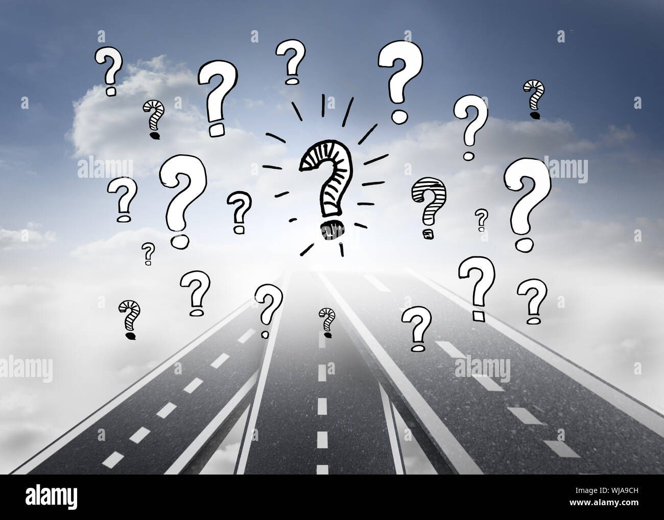 White question marks over streets in sky Stock Photo - Alamy