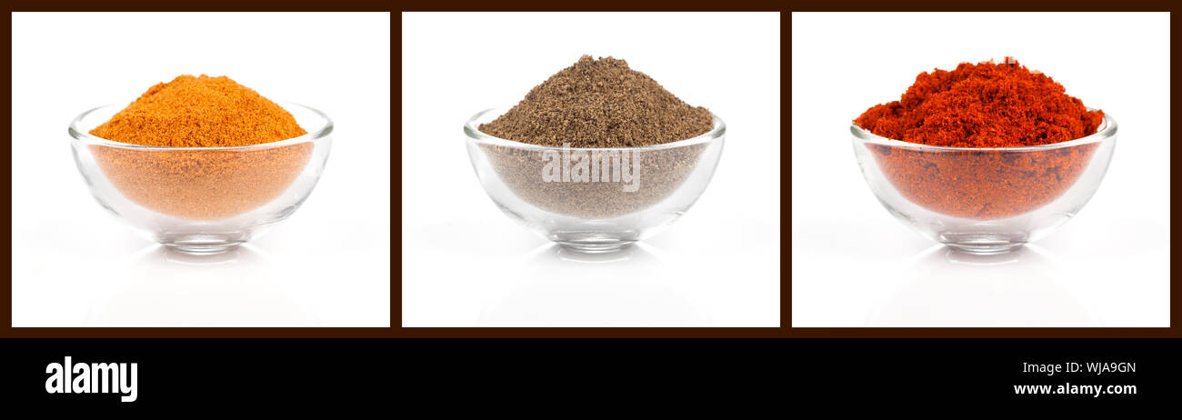 colorful powder spices in glass bowl, isolated on white background ...
