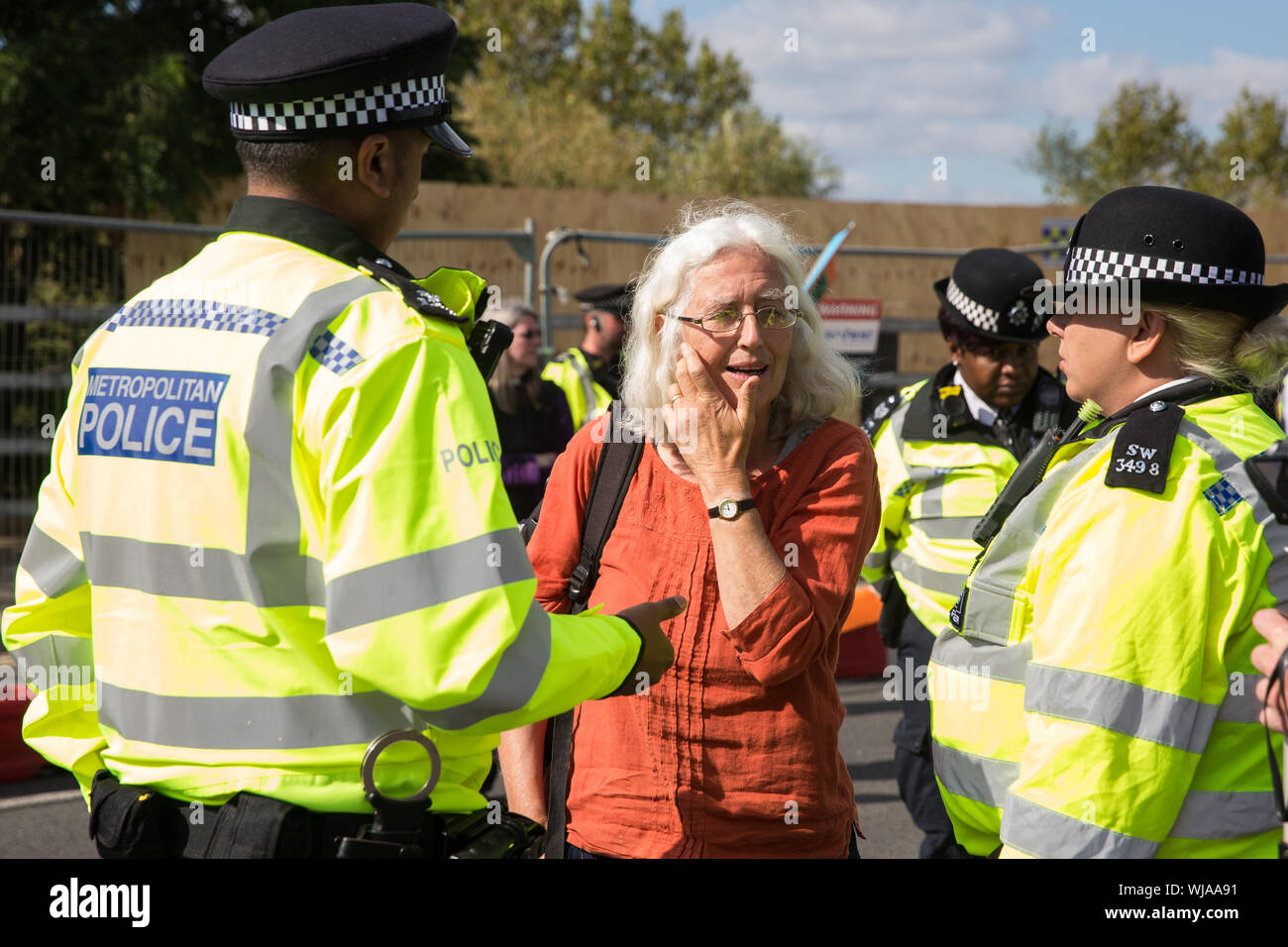 London, UK. 3 September, 2019. Police officers arrest Quakers blocking ...