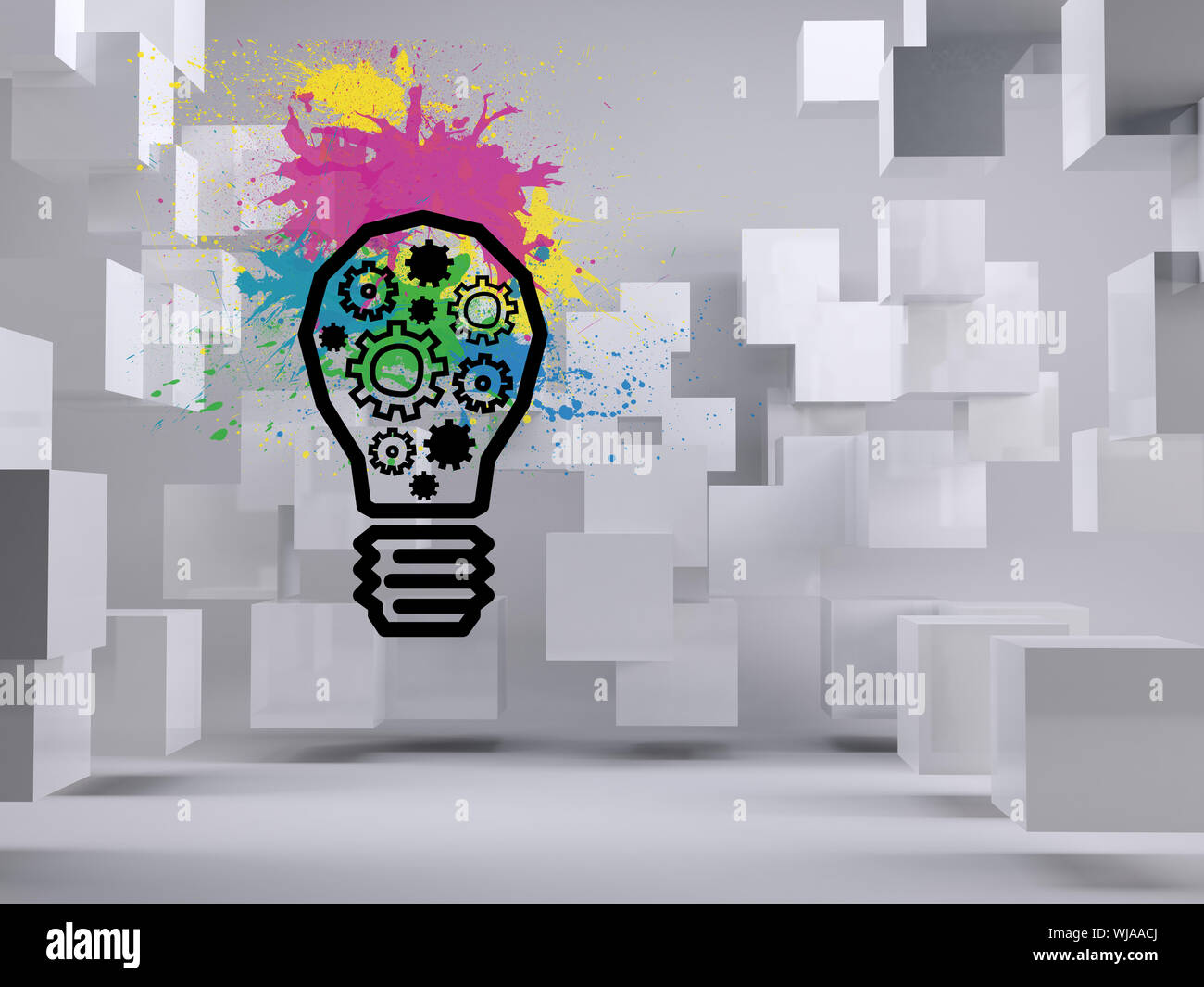 Light bulb with cogs on background with cubes Stock Photo - Alamy