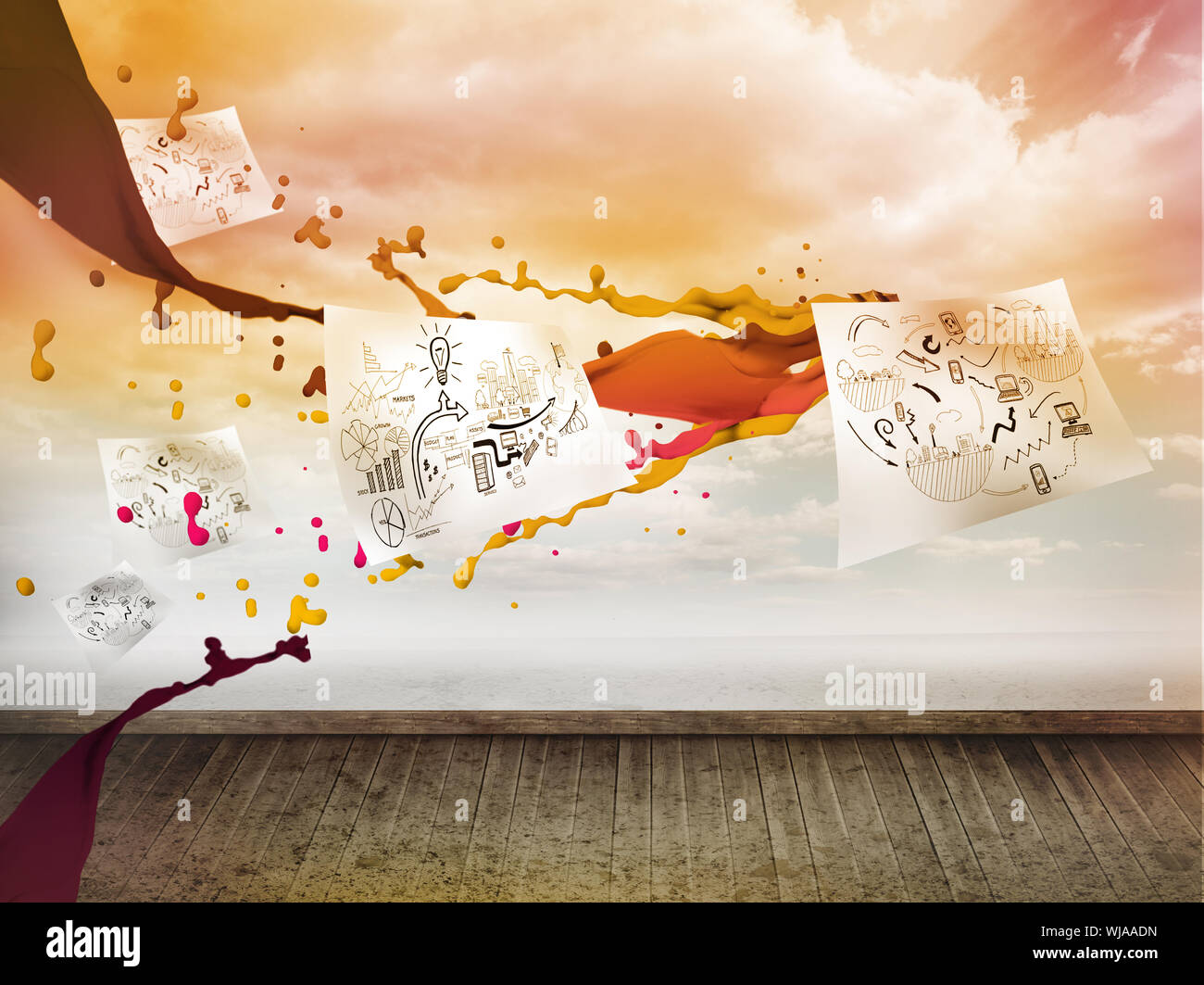 Sheets with graphics over sky on wall Stock Photo - Alamy