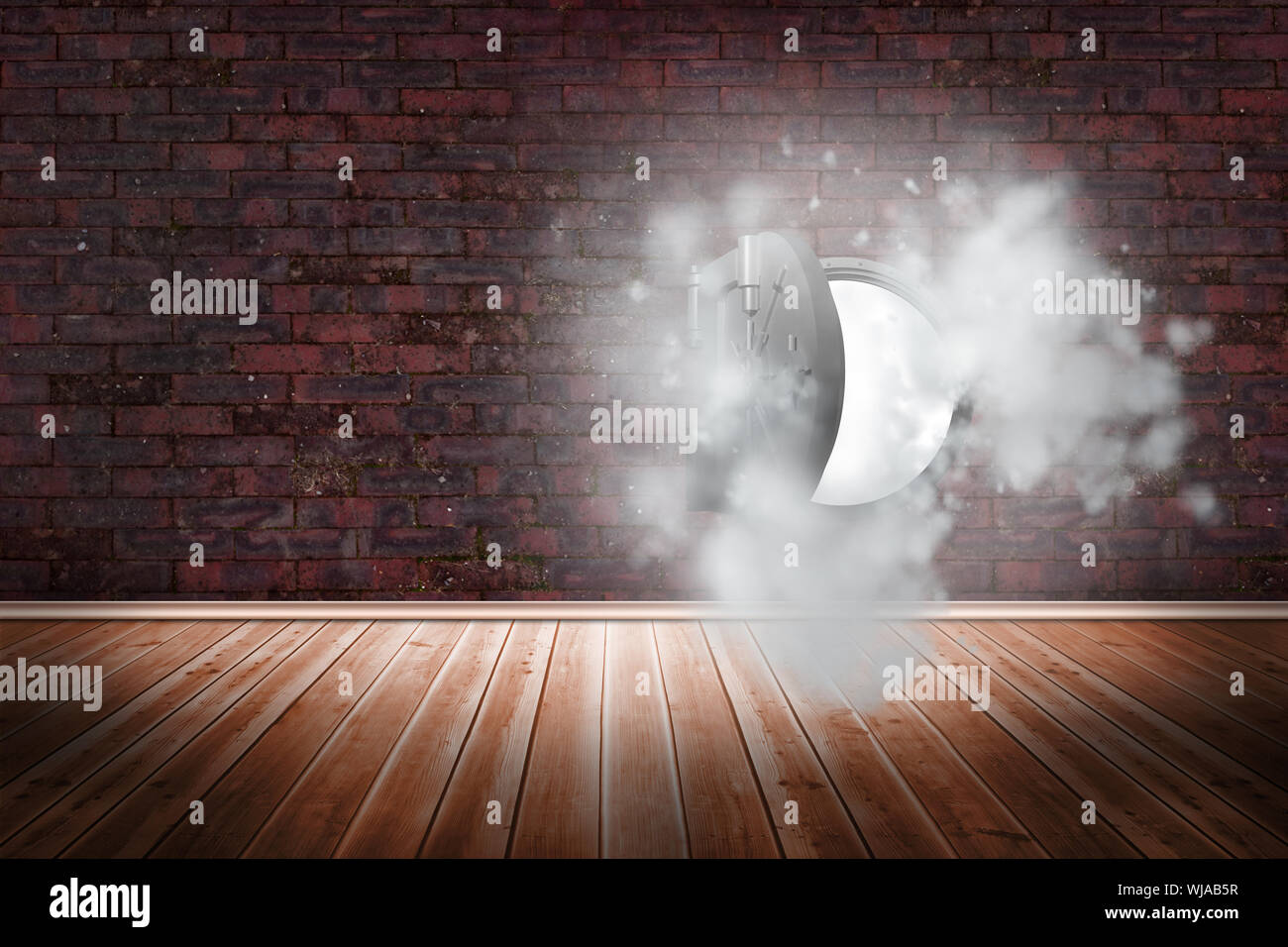 Open safe in dust cloud on brick lined wall Stock Photo - Alamy