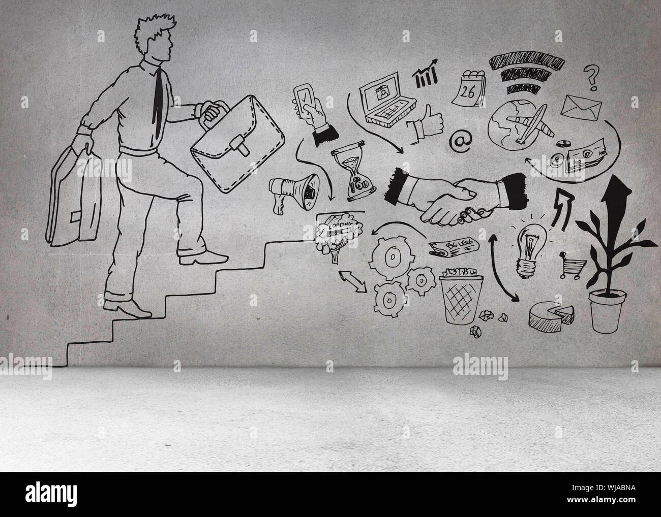 Grey wall with comic man and graphics Stock Photo - Alamy