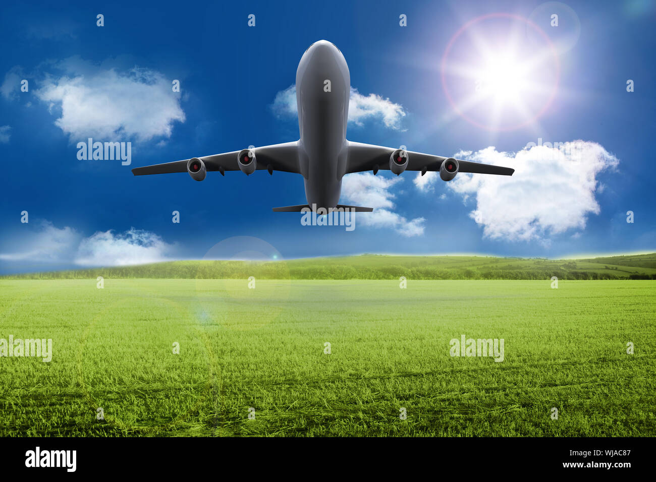 3D plane taking off over grassland Stock Photo - Alamy