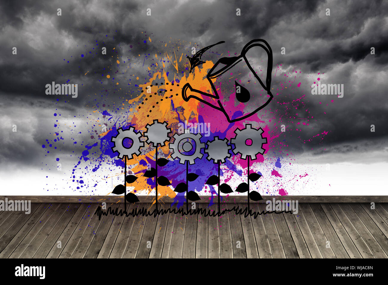 Cog flowers with can at wall with stormy sky Stock Photo - Alamy