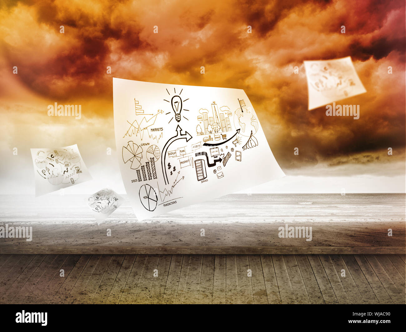 Sheets with graphics over sky on wall Stock Photo - Alamy