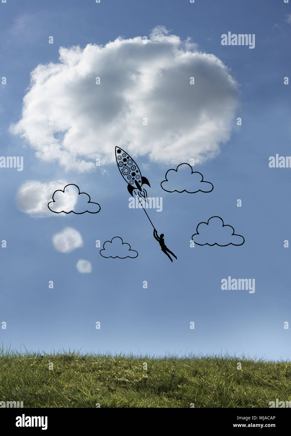 Rocket with man in sky Stock Photo - Alamy