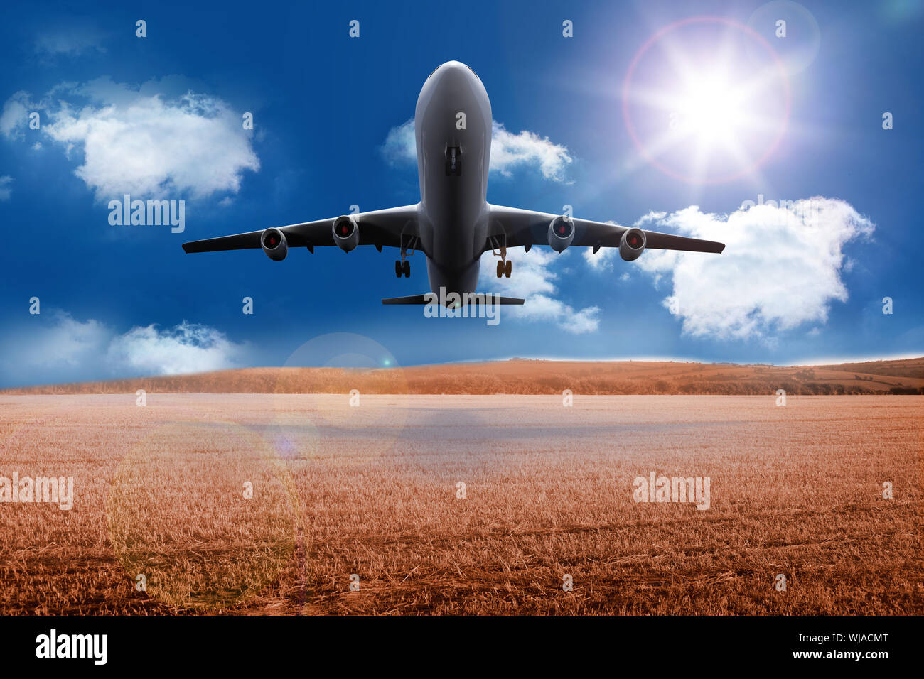 3D plane taking off over cornfield Stock Photo - Alamy