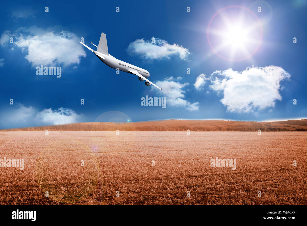 3D plane flying over field Stock Photo - Alamy