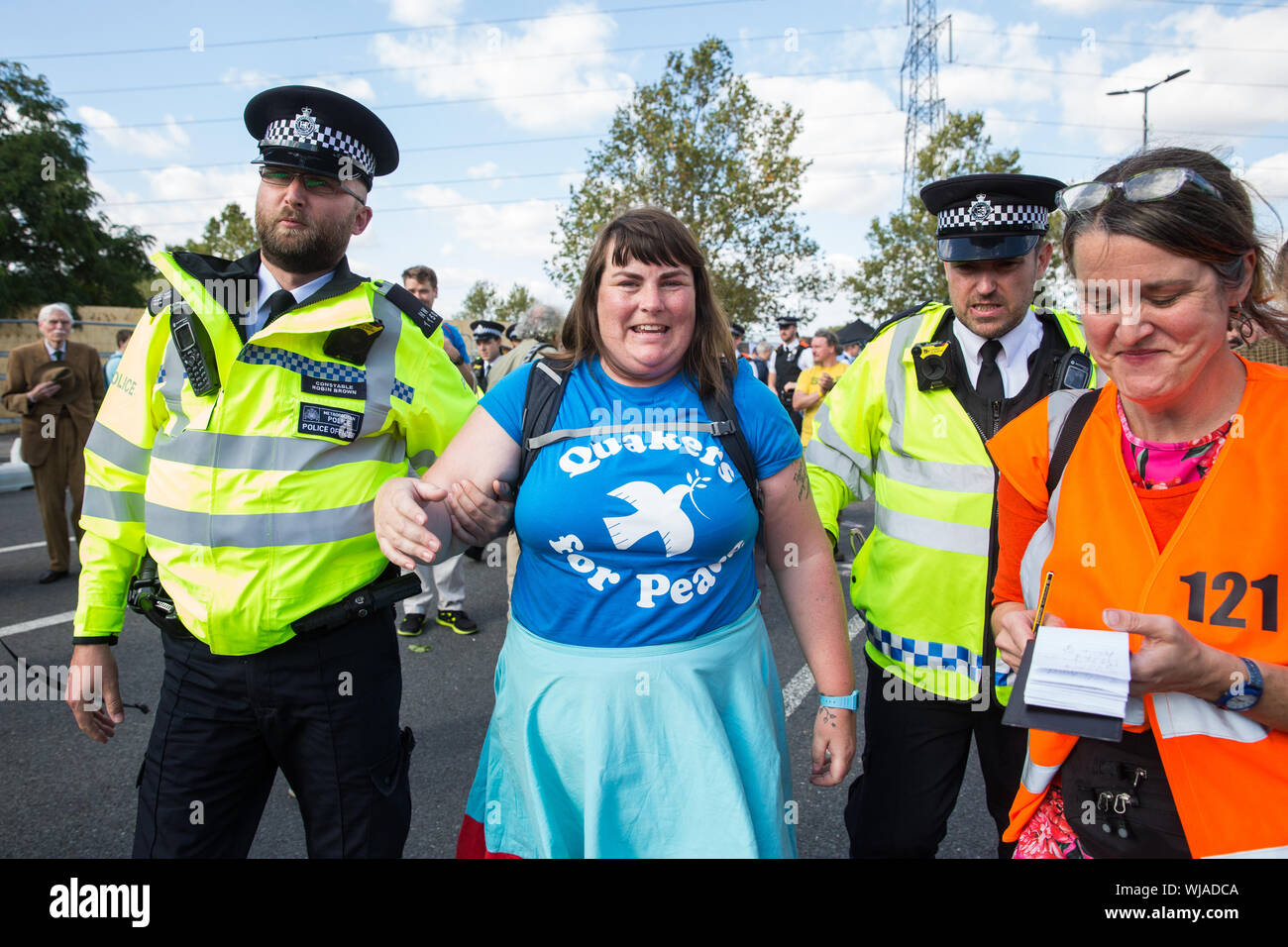 London, UK. 3 September, 2019. Police officers arrest Quakers blocking ...