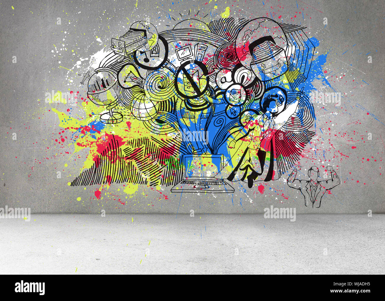 Grey wall with illustrations and splashes Stock Photo - Alamy