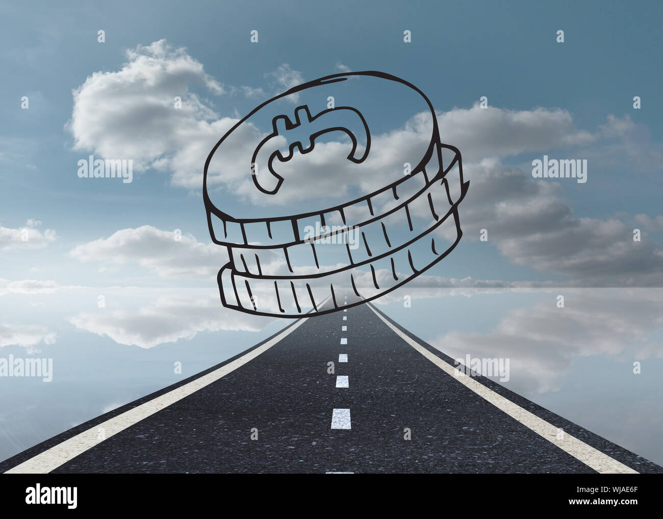 Drawn coins on sky background with road Stock Photo - Alamy