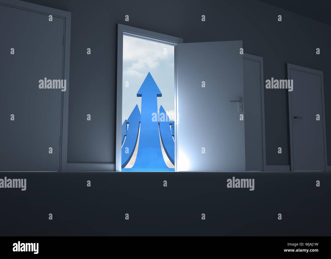 Door opening to show blue arrows Stock Photo - Alamy