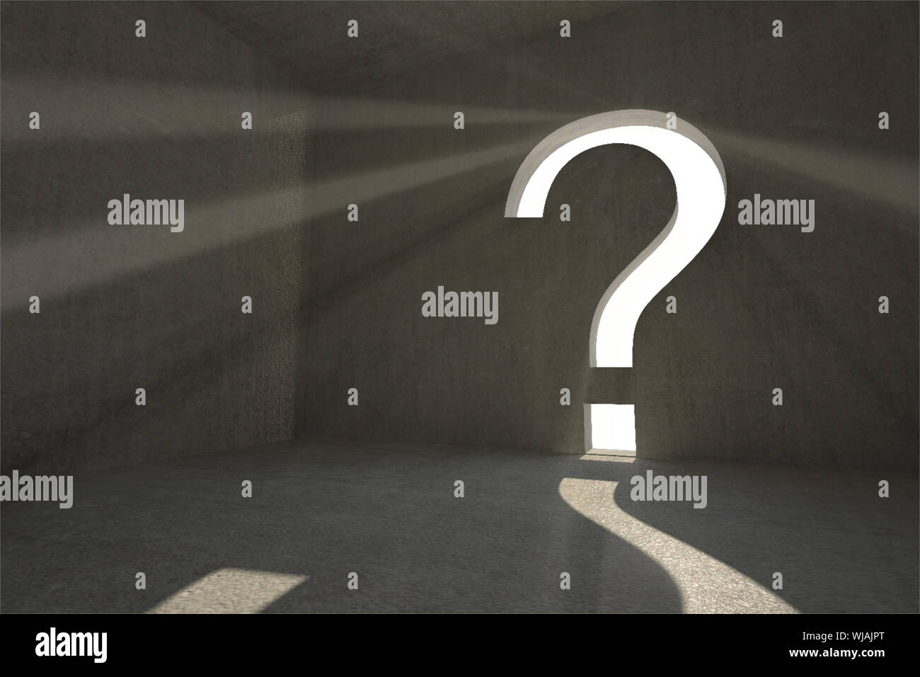 Grey room with question mark door Stock Photo - Alamy