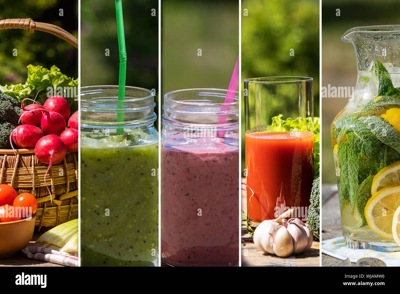 Food collage with various vegetables, smoothie and juice. Healthy food ...