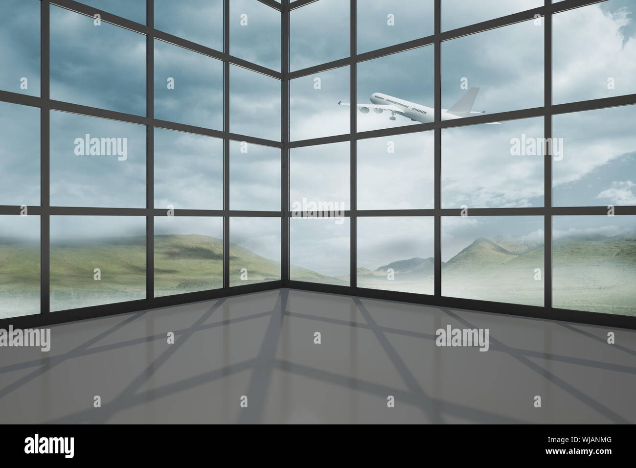 Airplane flying past window Stock Photo - Alamy