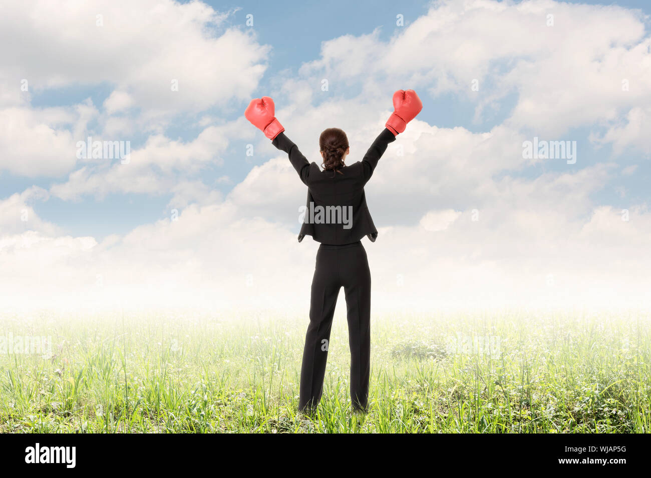 Rear view of business woman raising arms with boxing glove, full length ...