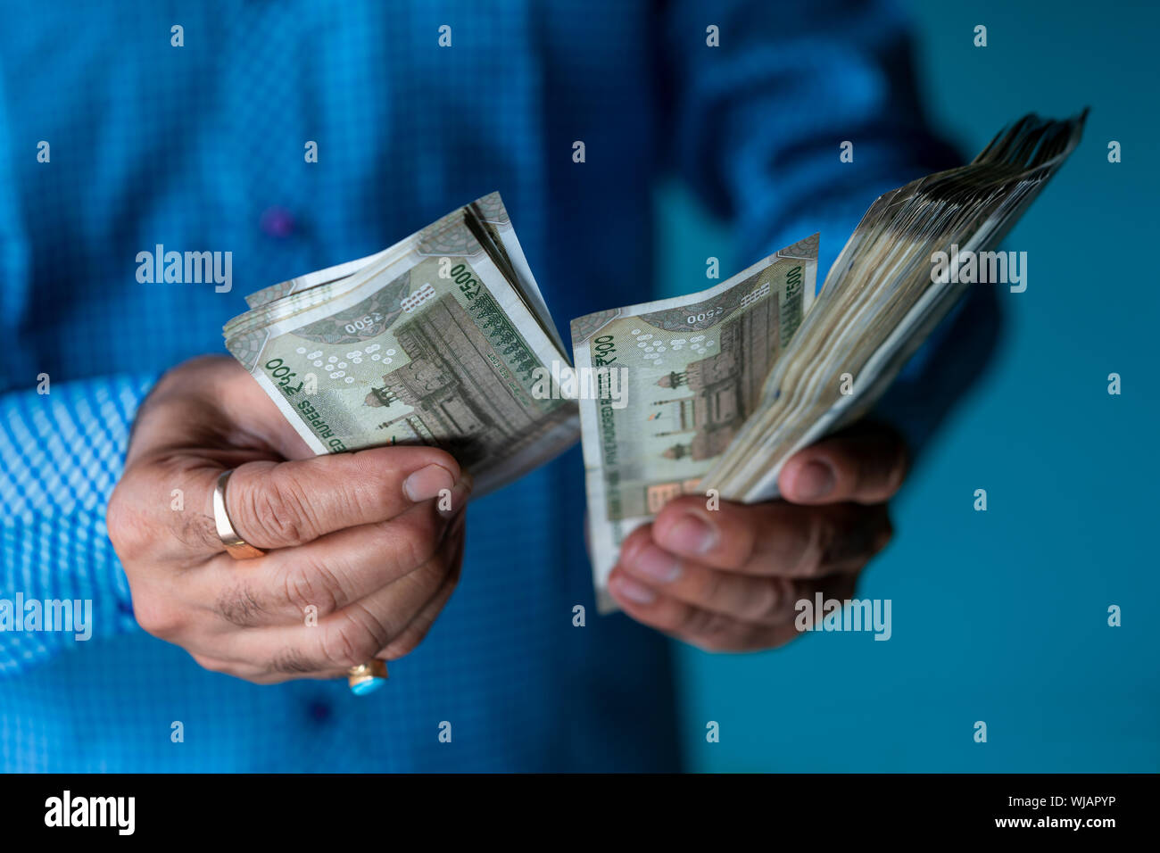 Indian business man counting newly launched indian five hundred rupees ...