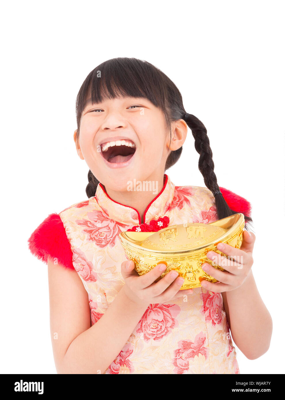 happy chinese new year. little girl showing gold for lucky. chinese ...