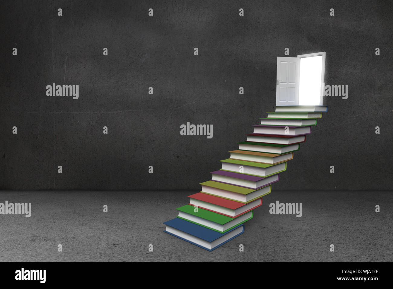 Steps made from books leading to door in grey room Stock Photo - Alamy