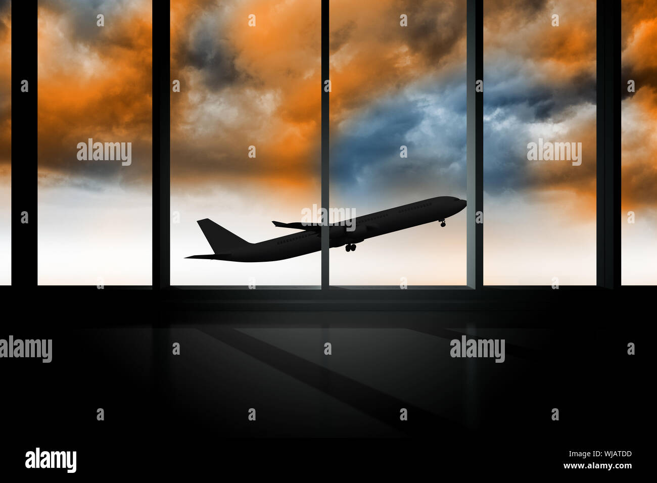 Airplane flying past window in orange sky Stock Photo - Alamy