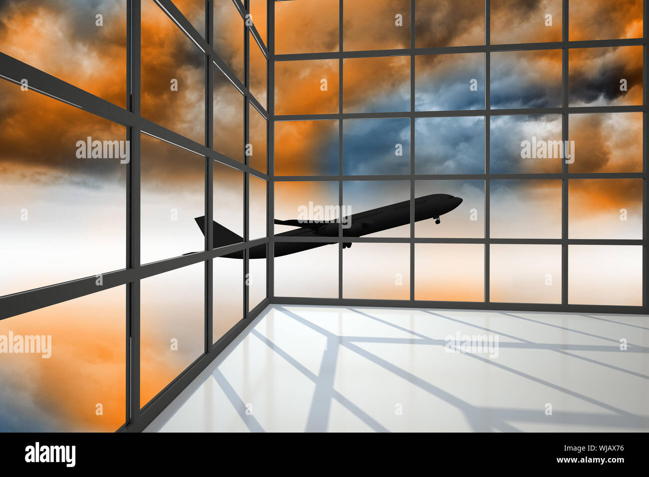 Airplane flying over orange sky past window Stock Photo - Alamy